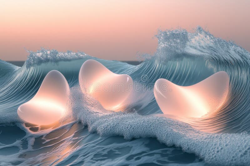 Lighted Sculptures Float on Ocean Waves during Sunset at the Beach ...