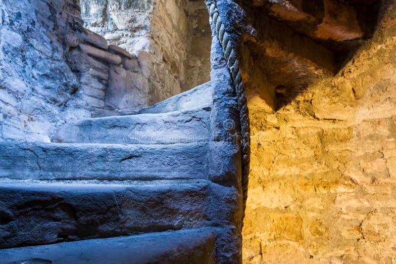 Lighted Stone Staircase in a Medieval Castle Stock Image - Image of ...
