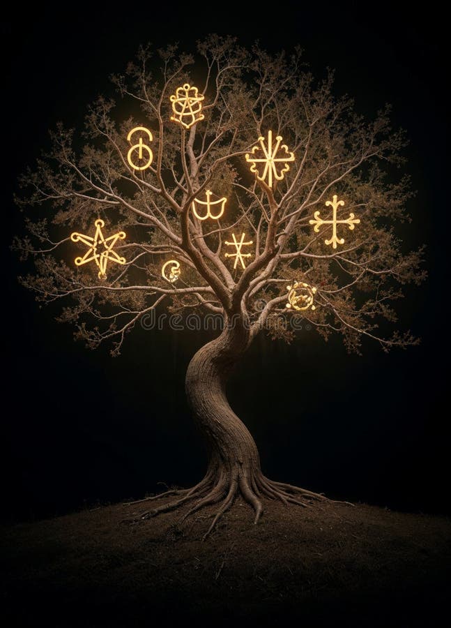 A Lighted Tree with Glowing Religious Symbols on it in the Dark Stock ...