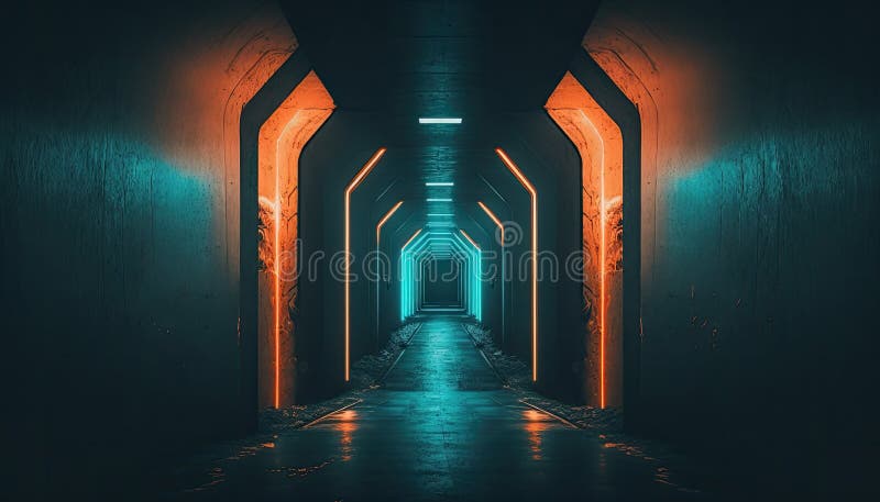 Lighted Tunnel, Hallway, Duotone, Teal and Orange, Industrial Building ...