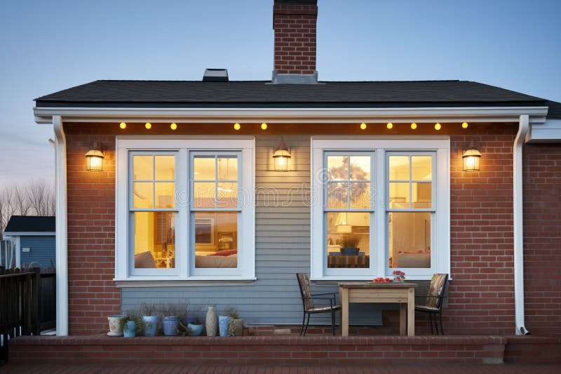 Lighted Windows of Saltbox House at Dusk, Brick Visible Stock Image ...