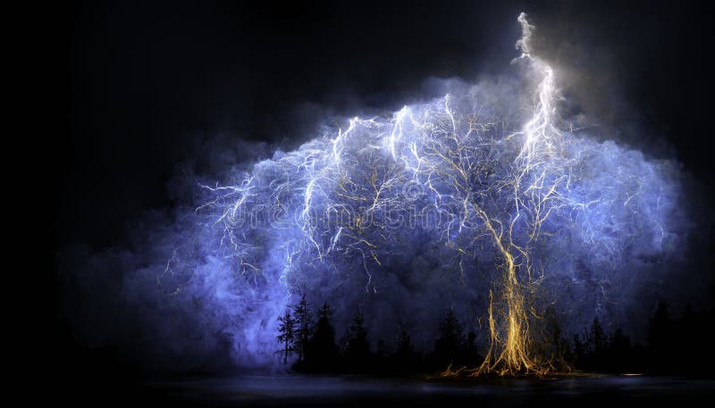 Lightening Causes a Forest Fire at Night Generative Ai Stock ...