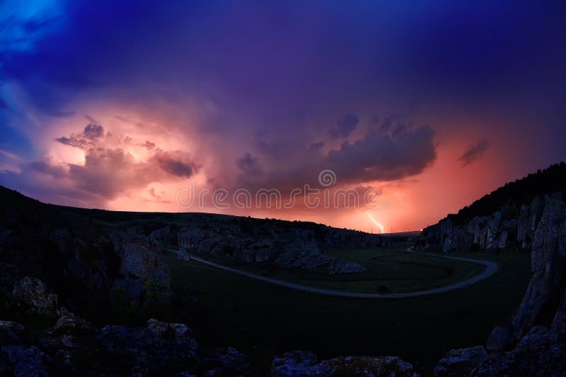 Lightening and Storm Over Hills in the Night Stock Image - Image of ...