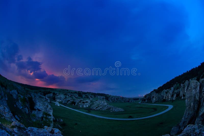 Lightening and Storm Over Hills in the Night Stock Image - Image of ...