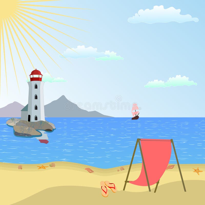 Children S Illustration with Lighthouse and Sailboat. on the Sea Floor ...