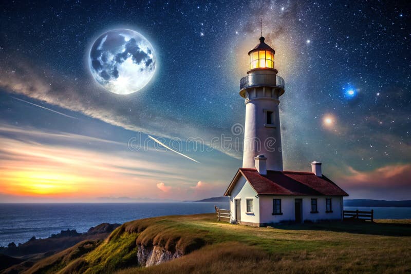 Lighthouse Against Night Sky with Moon and Stars Stock Illustration ...