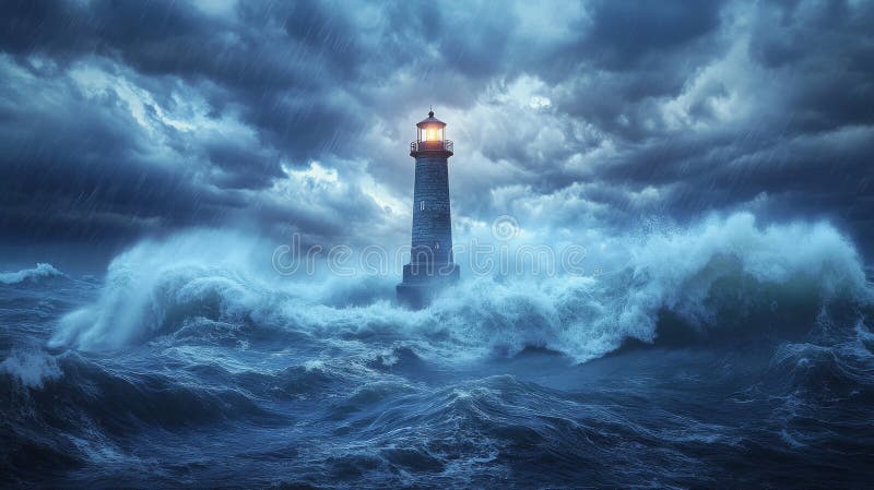 Lighthouse Amidst Stormy Sea and Dramatic Clouds, Beacon during Tempest ...