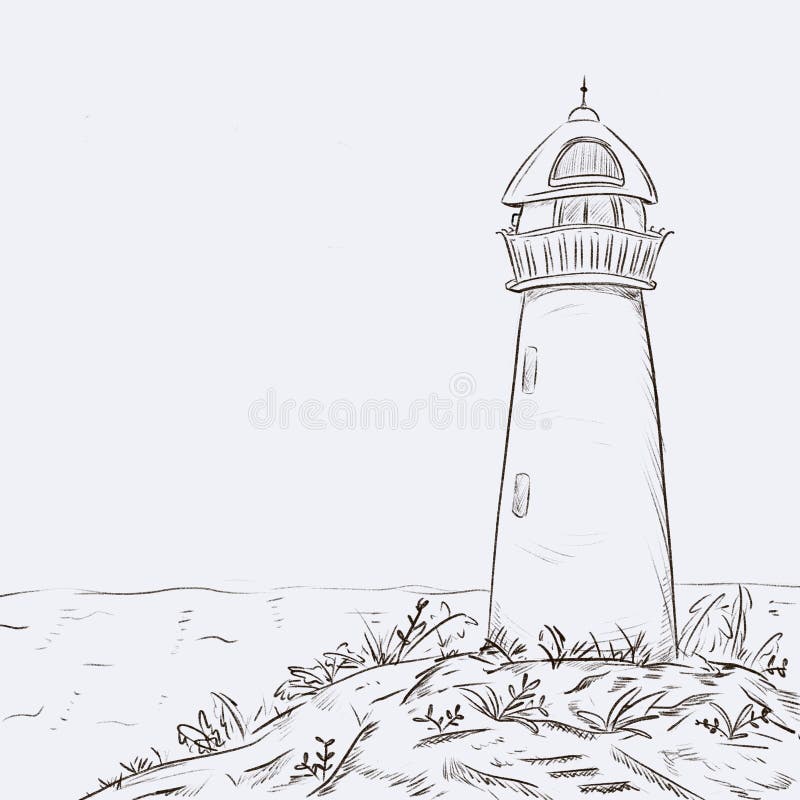 Lighthouse Stands beside Sea Pencil Sketch Drawing Stock Illustration ...