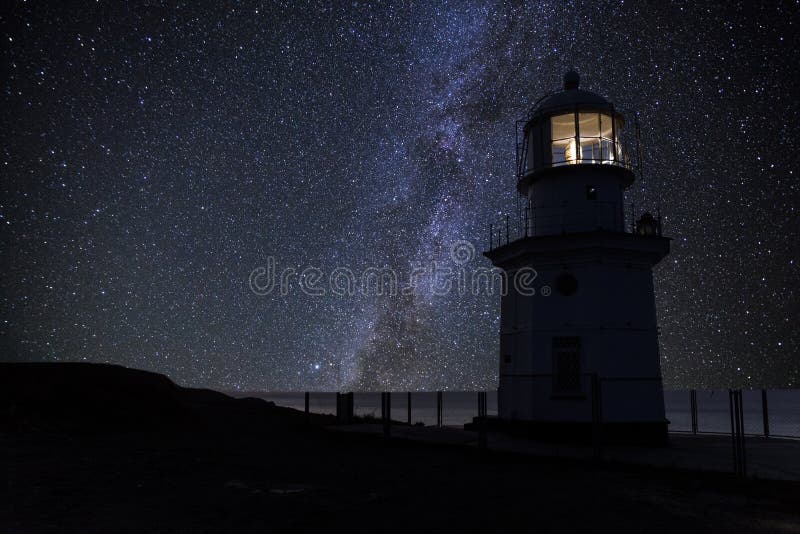 Glowing Lighthouse Background Starry Sky Stock Photos - Free & Royalty ...