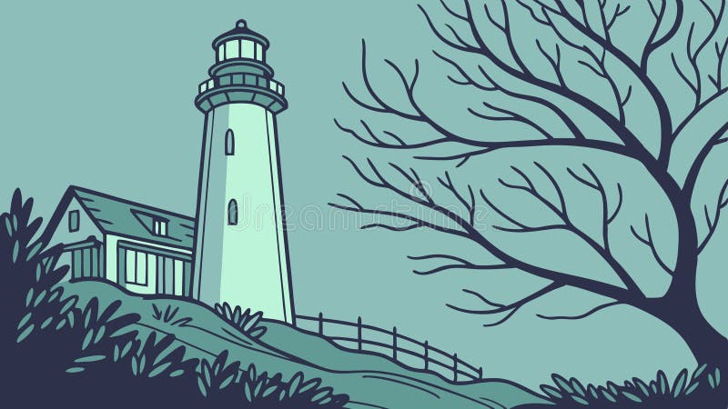 Lighthouse and Bare Trees, Coastal Wilderness Scene, Vector Design ...