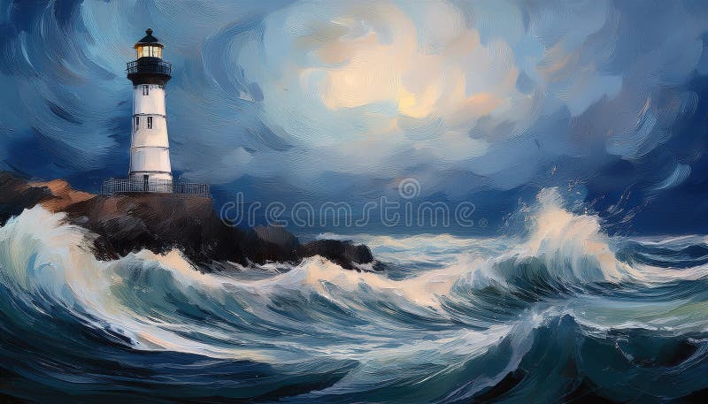 Lighthouse Beacon Amid Roaring Ocean Winds Stock Illustration ...