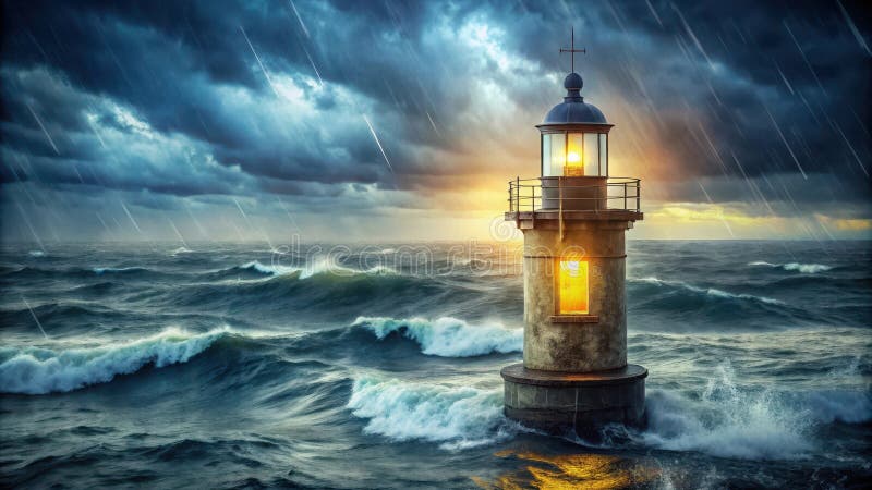 Lighthouse Beacon Illuminates Tempestuous Ocean Waves during a Dramatic ...