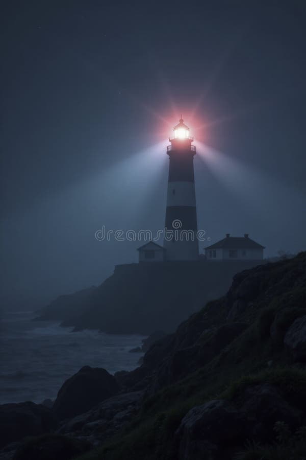 The Lighthouse Beam Cuts through a Dense Fog with an Eerie Glow in the ...