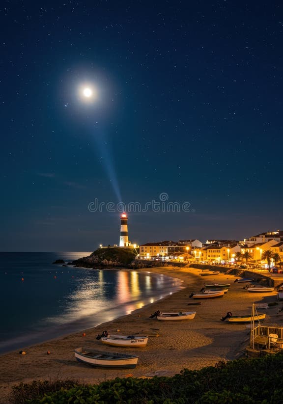 Lighthouse Beam Illuminates Night Beach Scene Stock Illustration ...