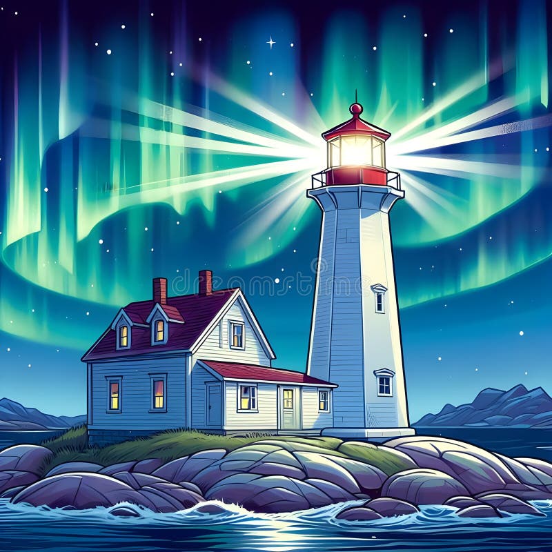 Lighthouse Beaming Bright Light in Front of a Northern Light Sky. Stock ...