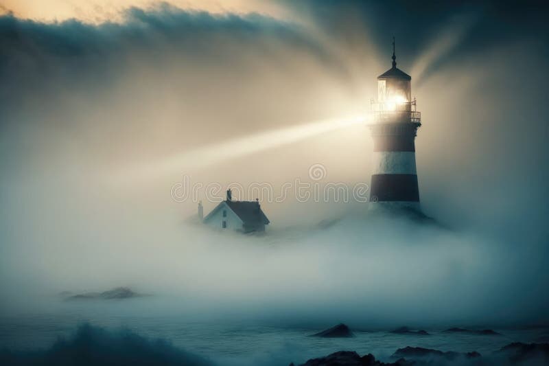 A Lighthouse Beaming Light through the Mist Stock Illustration ...