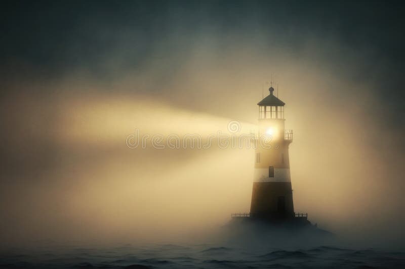 A Lighthouse Beaming Light through the Mist Stock Illustration ...
