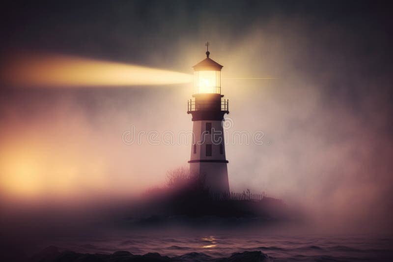 A Lighthouse Beaming Light through the Mist Stock Illustration ...