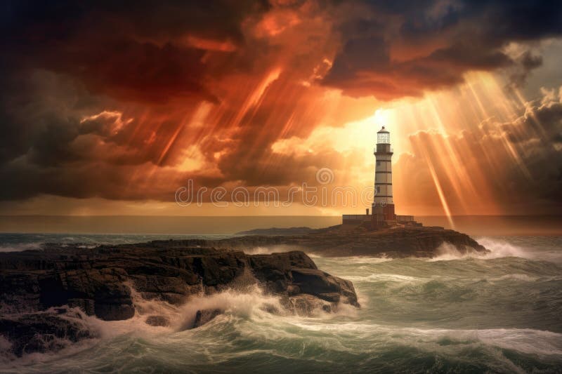 Lighthouse Beams Shining Over Stormy Sea Stock Illustration ...