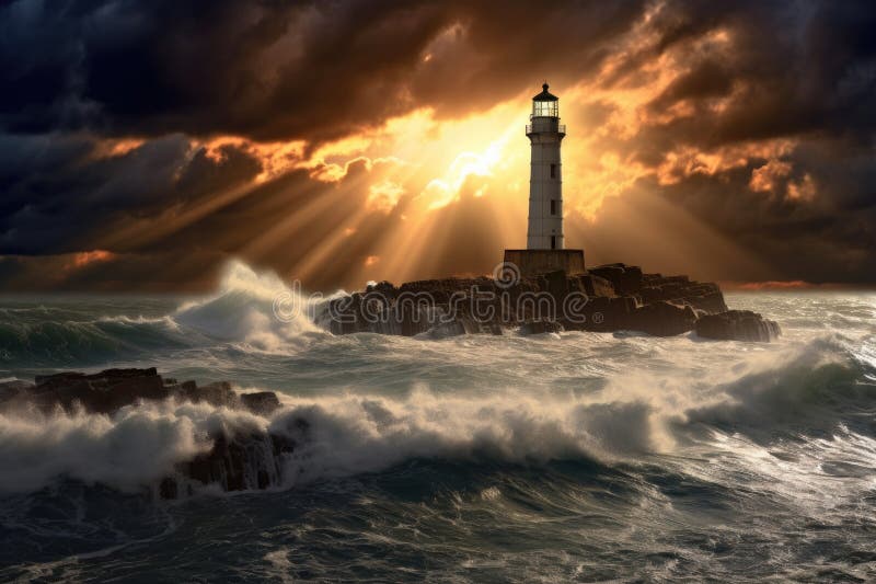 Lighthouse Beams Shining Over Stormy Sea Stock Image - Image of ...