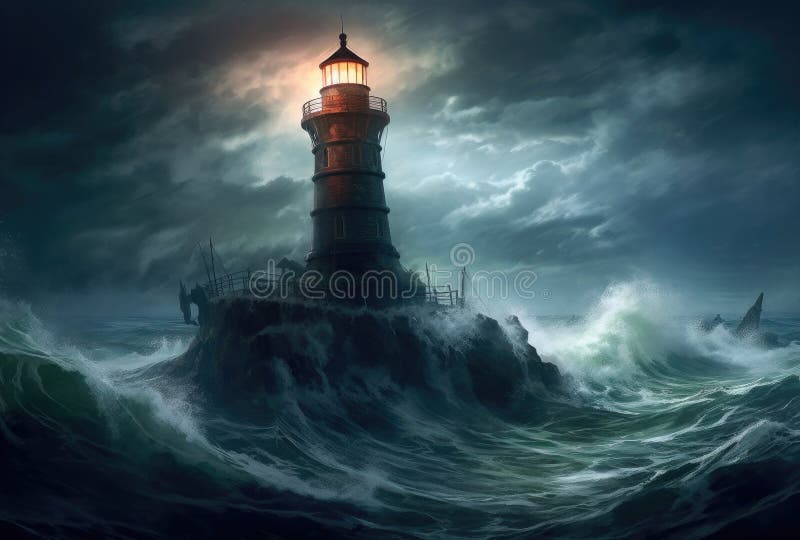 Lighthouse in a Big Waves Stormy Sea or Ocean and Dark Clouds Sky ...