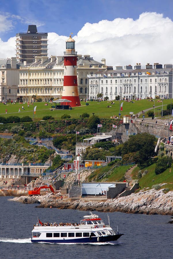 Lighthouse with Boat in Plymouth, UK Stock Image - Image of maritime ...