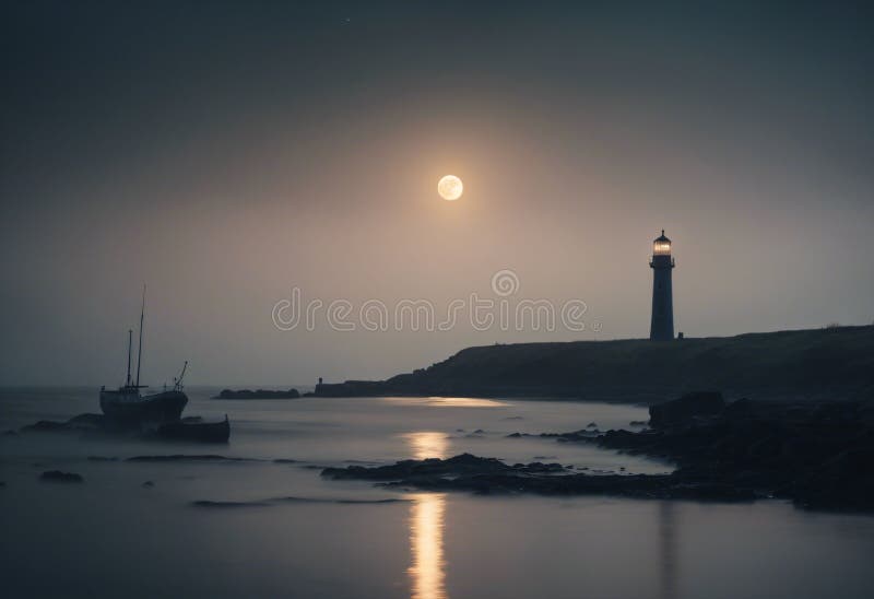 Lighthouse and Boat Under Full Moon Stock Illustration - Illustration ...