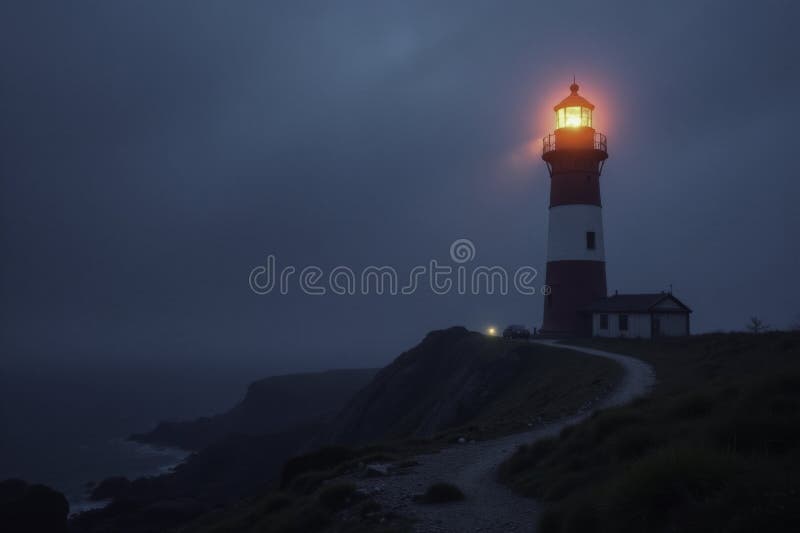 Lighthouse with a Broken Light Beam on the Ground, Broken, Fog, Night ...
