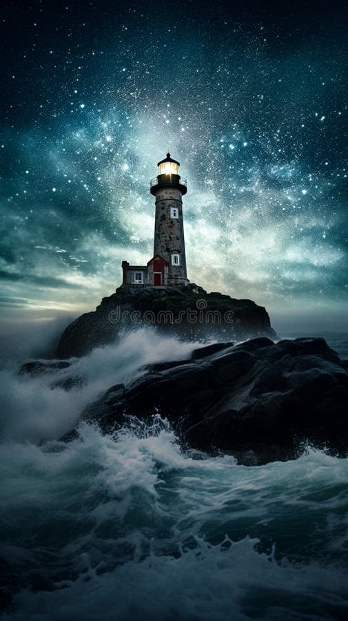A Lighthouse Built on Top of a Rock in the Middle of an Ocean Stock ...