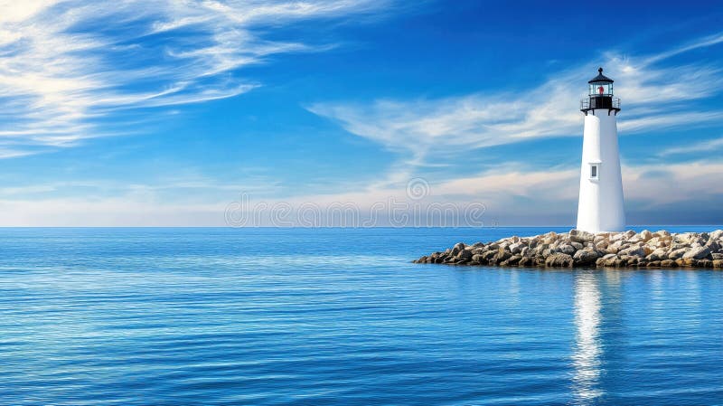 Lighthouse by Calm Blue Ocean Under Clear Sky Stock Image - Image of ...