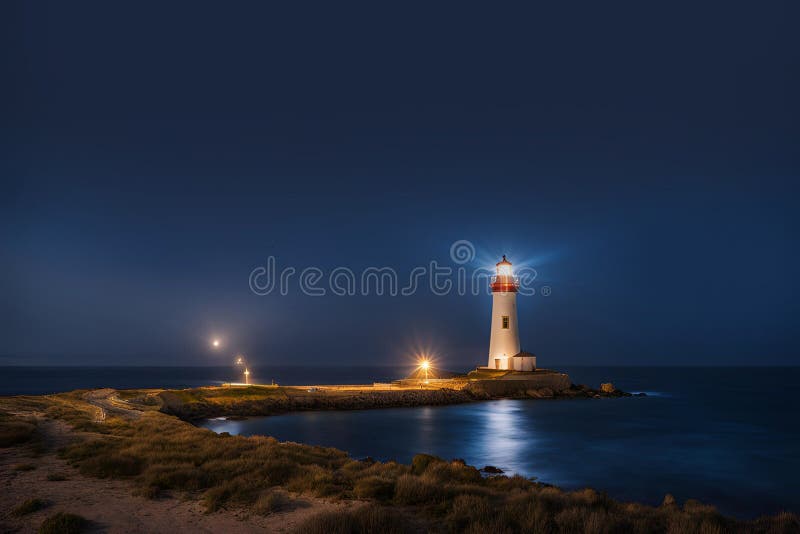 Lighthouse at Calm Dark Night. Stock Illustration - Illustration of ...