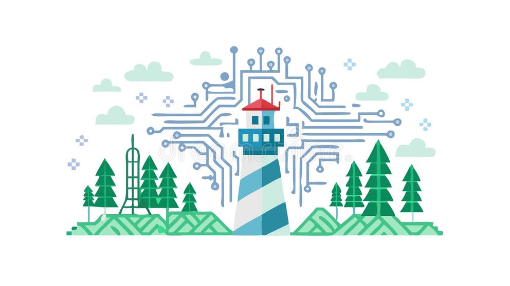 Lighthouse with Circuitry, Smart Navigation Tech Icon, Vector Design ...