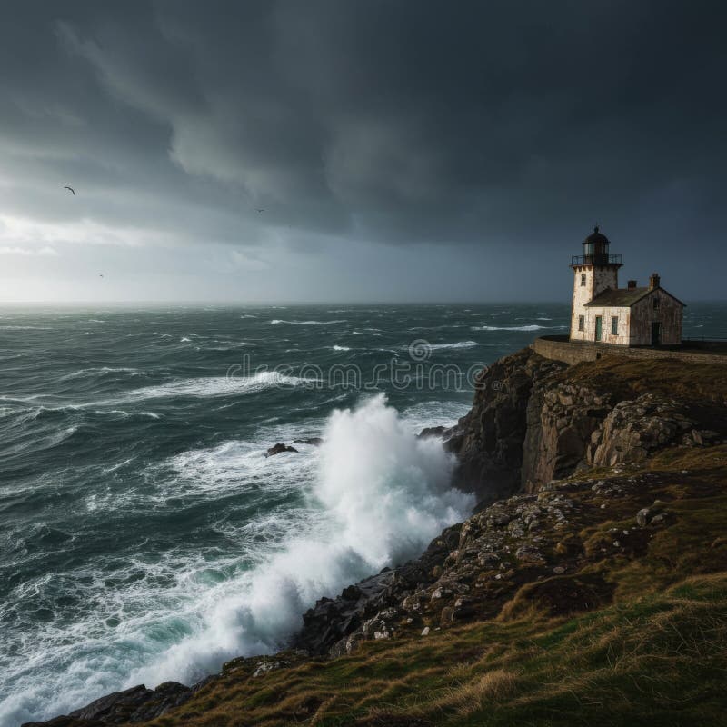 Lighthouse on a Cliff during a Dramatic Ocean Storm Stock Illustration ...