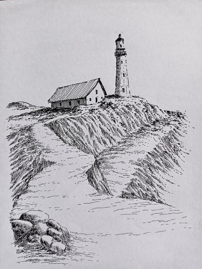 Lighthouse on the Cliff. Drawn by Black Pen Stock Image - Image of ...