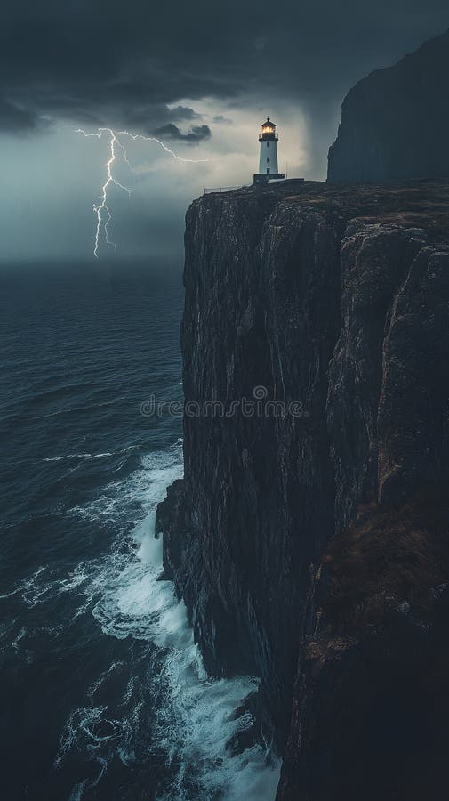 Lighthouse on a Cliff with a Lightning Storm Stock Image - Image of ...