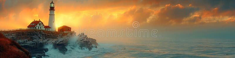 Lighthouse on Cliff, Looking at Ocean As Sun Sets, Casting Golden Glow ...