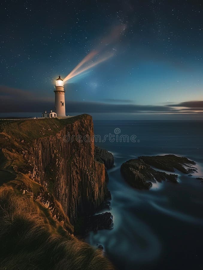 A Lighthouse on a Cliff at Night. Generated with Ai Stock Illustration ...