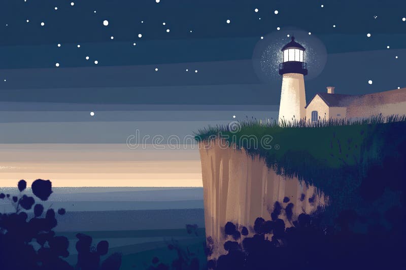 Lighthouse on the Cliff at Night. Landscape. Stock Illustration ...