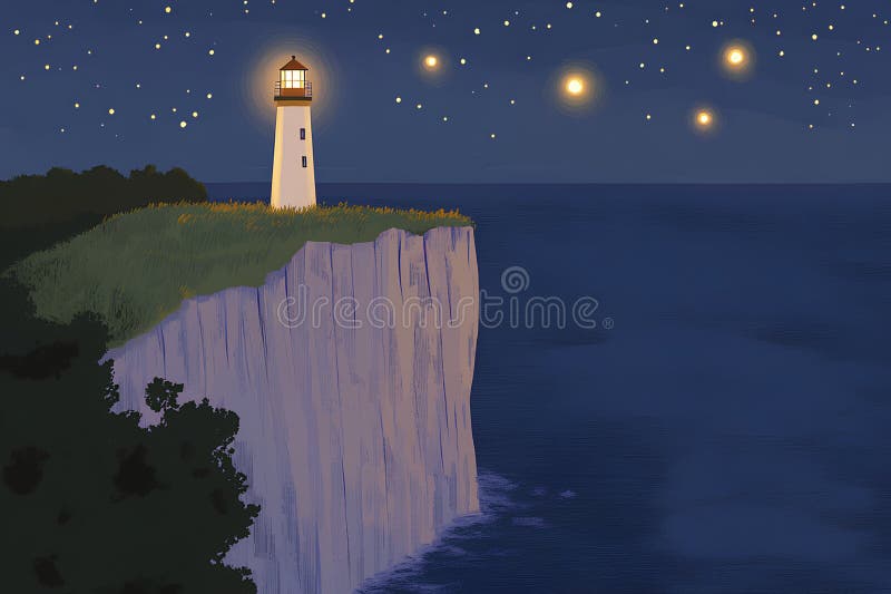 Lighthouse on the Cliff at Night Stock Illustration - Illustration of ...