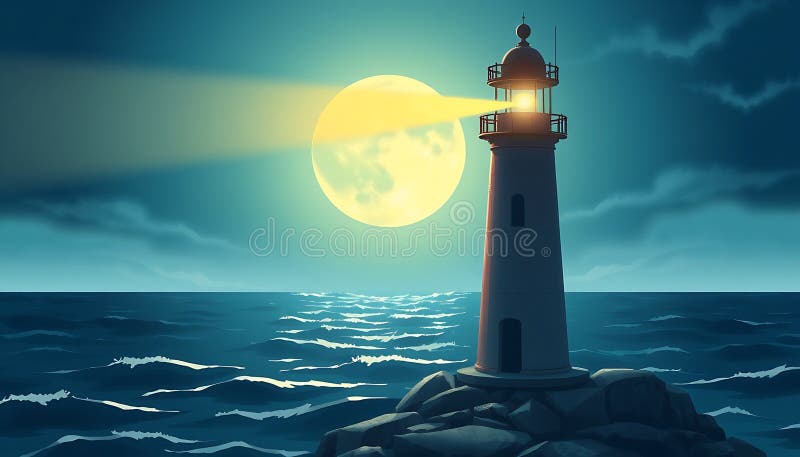 Lighthouse on Cliff at Night with Moon, Coastal Beacon and Moonlight ...
