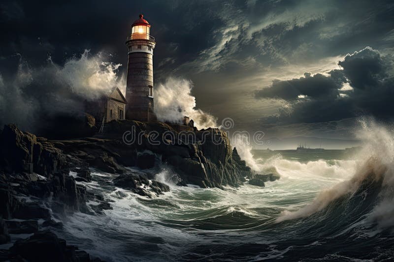 Lighthouse on a Cliff during a Storm Stock Illustration - Illustration ...