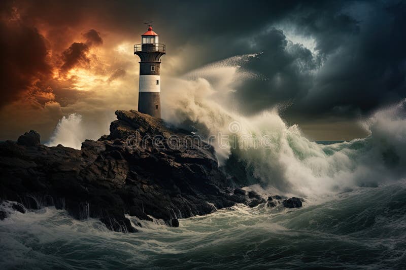 Lighthouse on a Cliff during a Storm Stock Illustration - Illustration ...