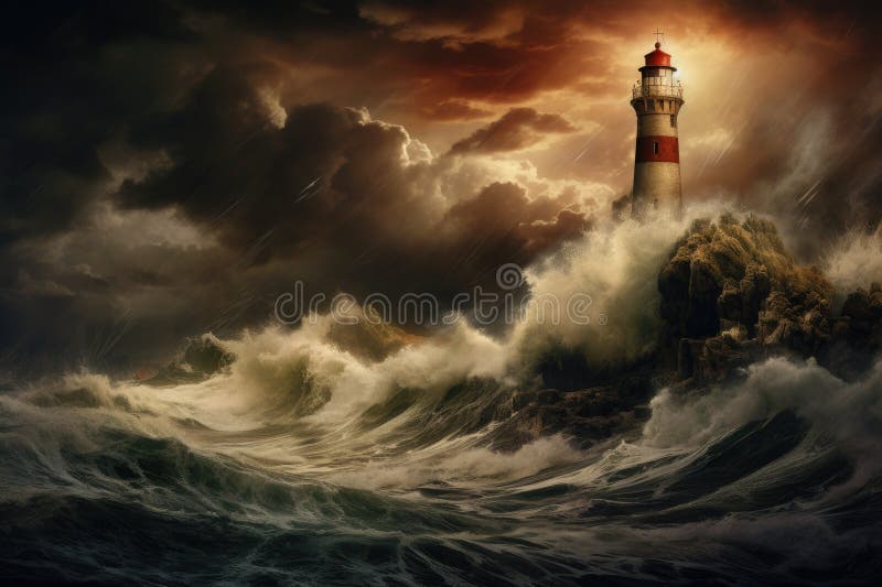 Lighthouse on a Cliff during a Storm Stock Illustration - Illustration ...