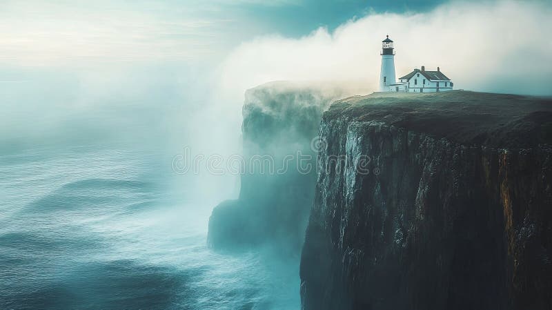 Lighthouse on Cliffside Above Ocean Waves and Mist . Stock Photo ...
