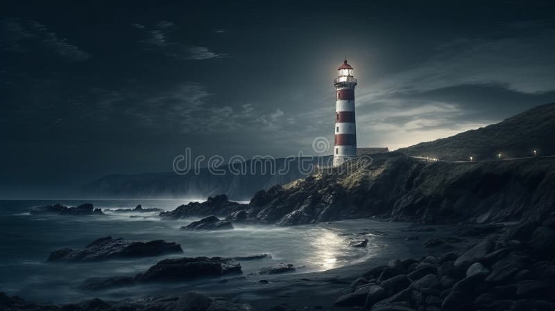 Lighthouse on the Coast at Night. Generative AI Stock Illustration ...