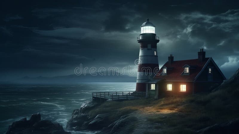 Lighthouse on the Coast at Night. Generative AI Stock Illustration ...