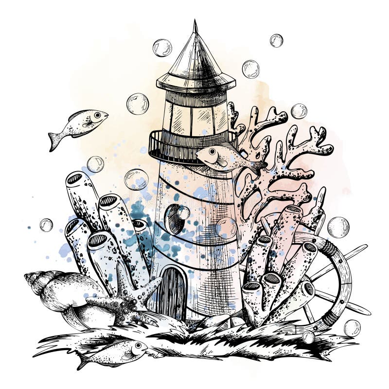 Lighthouse with Corals, Algae, a Rudder and a Fish Isolated Composition ...