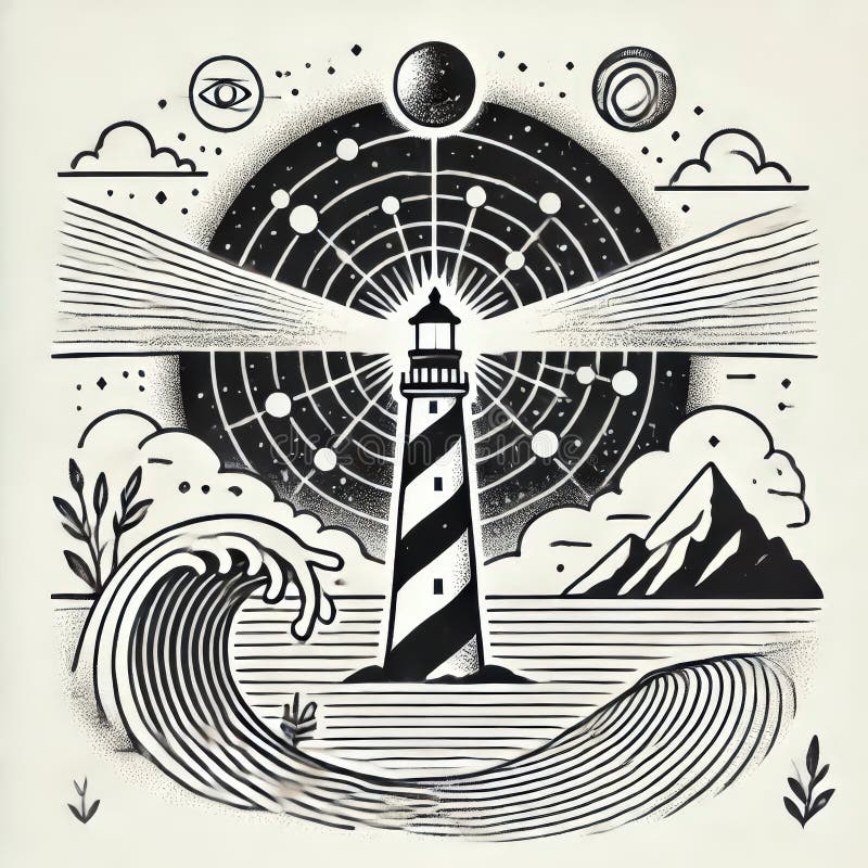 Lighthouse in the Cosmic Ocean: a Visual Journey Stock Illustration ...