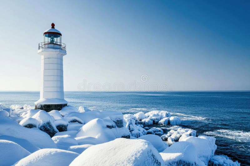 A Lighthouse Covered in Snow by the Winter Sea Stock Photo - Image of ...