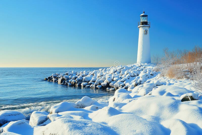 A Lighthouse Covered in Snow by the Winter Sea Stock Photo - Image of ...